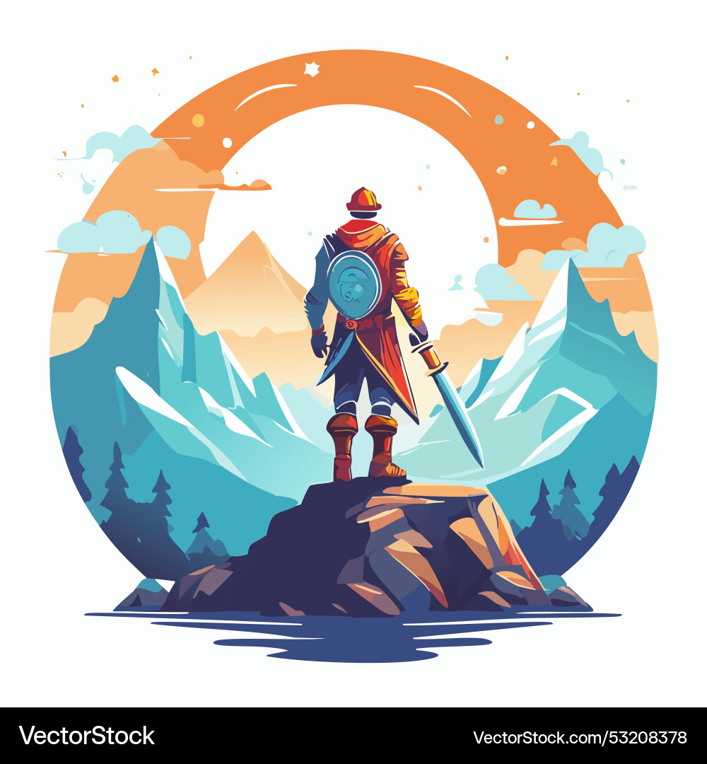 Medieval knight standing on a rock in flat style Vector Image