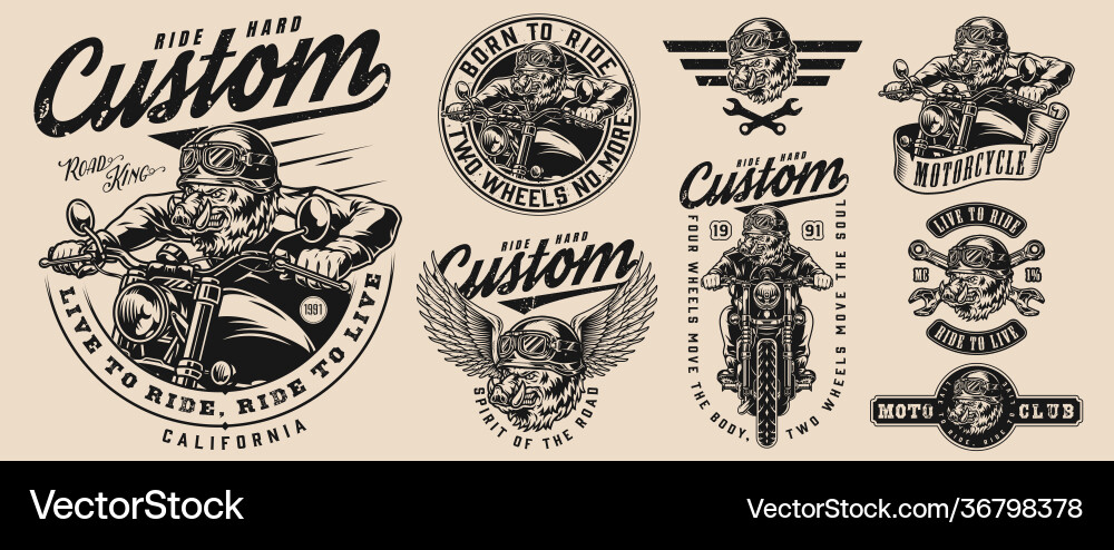 Wild hog bikers vintage emblems Royalty Free Vector Image