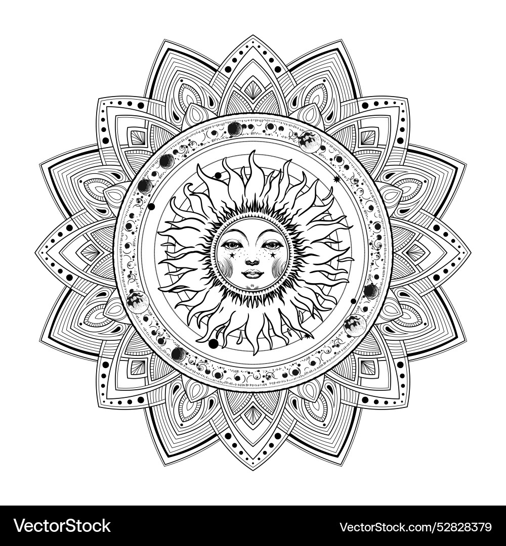 Coloring book mandala with sun linear drawing Vector Image