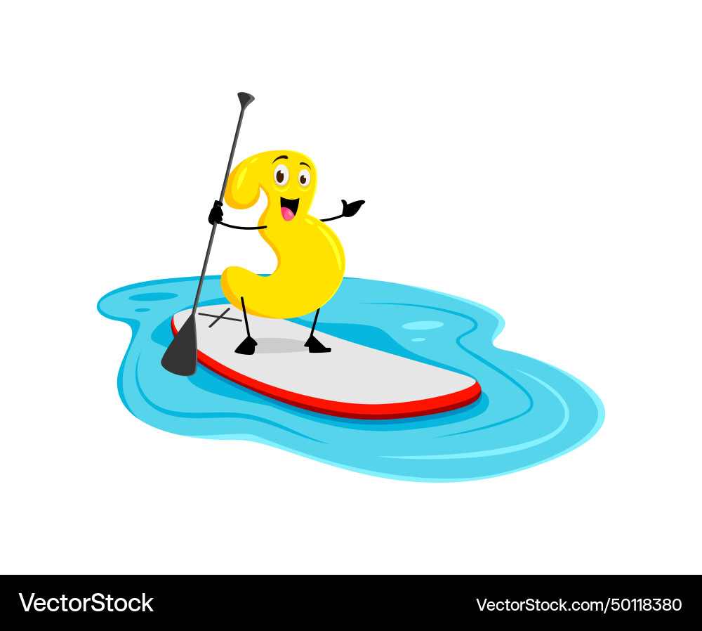 Cartoon math number two character riding sup board