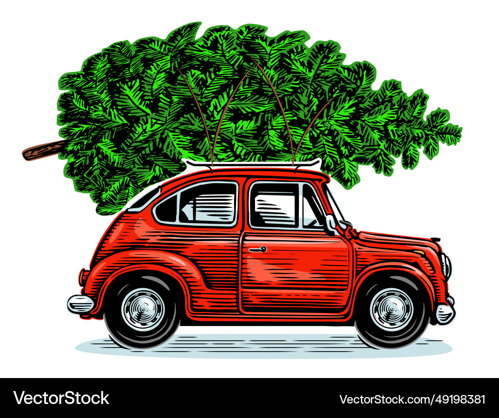 Christmas retro car with green pine tree Vector Image