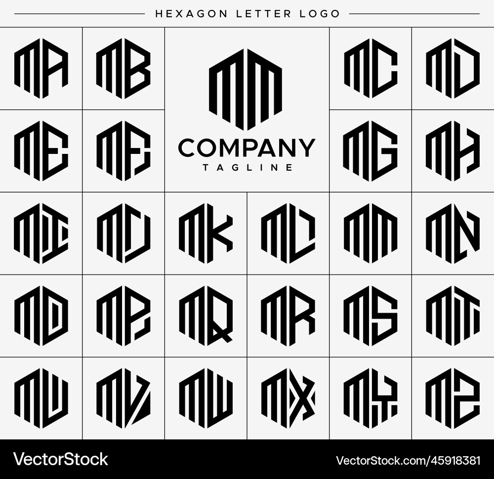 Modern hexagon mm m letter logo design set Vector Image