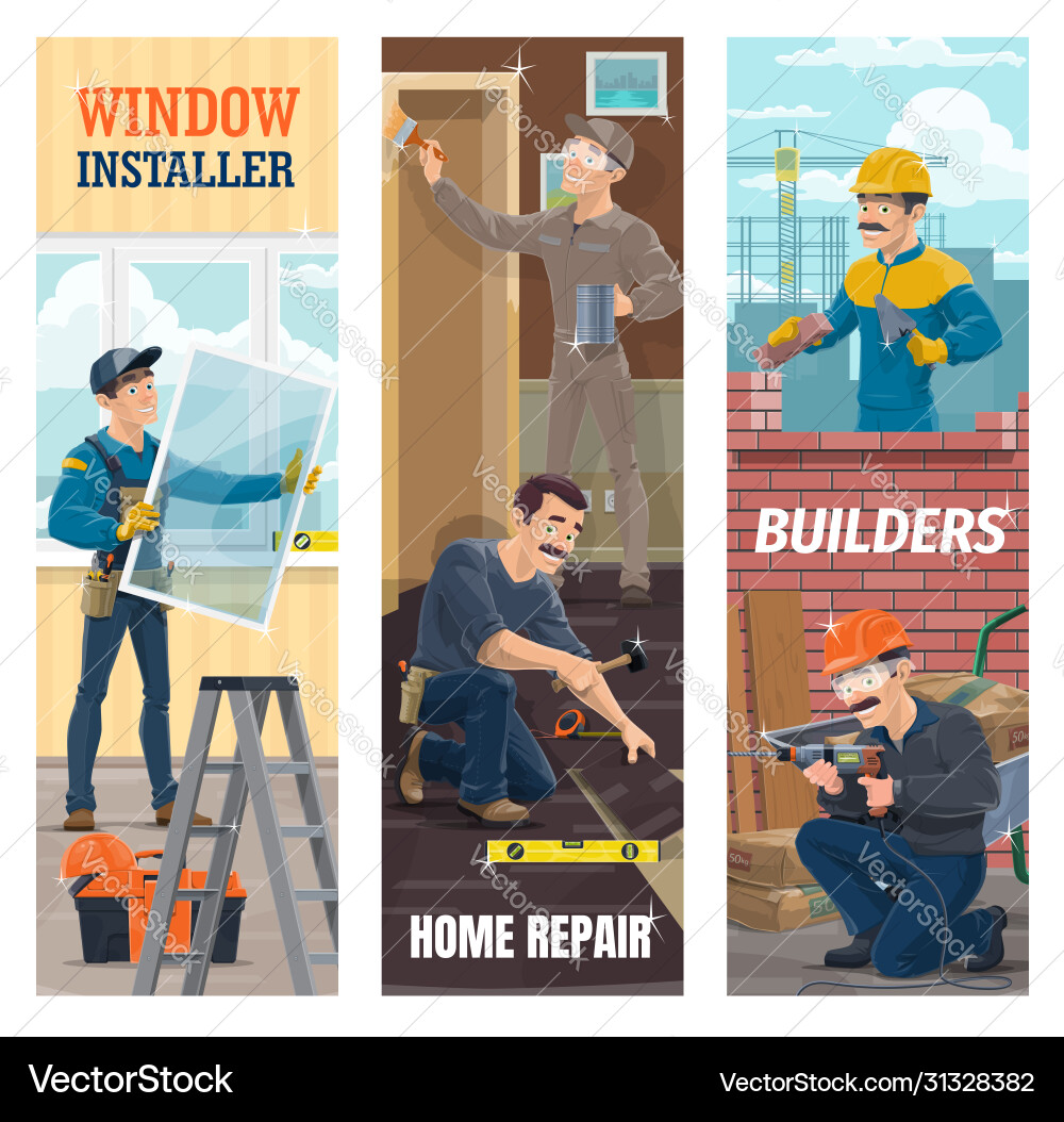 Construction floor and window installer workers Vector Image