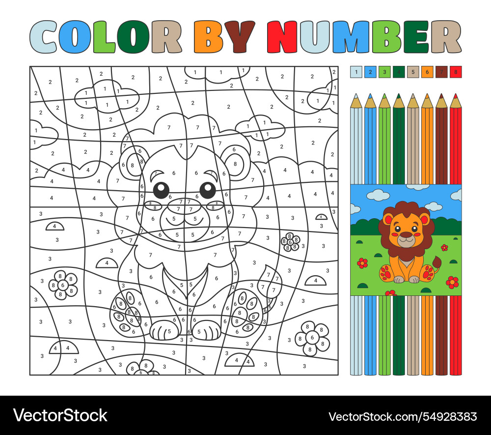 Color by number puzzle featuring a lion Royalty Free Vector