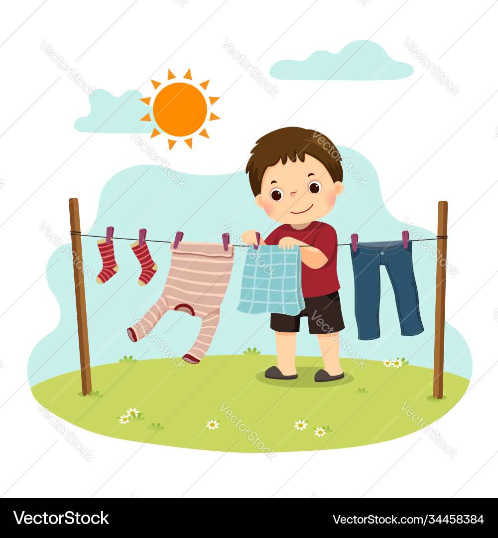 A little boy hanging laundry on backyard Vector Image