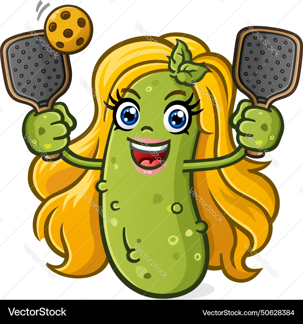 Blonde Pickle Girl Cartoon Holding Pickleball Gear