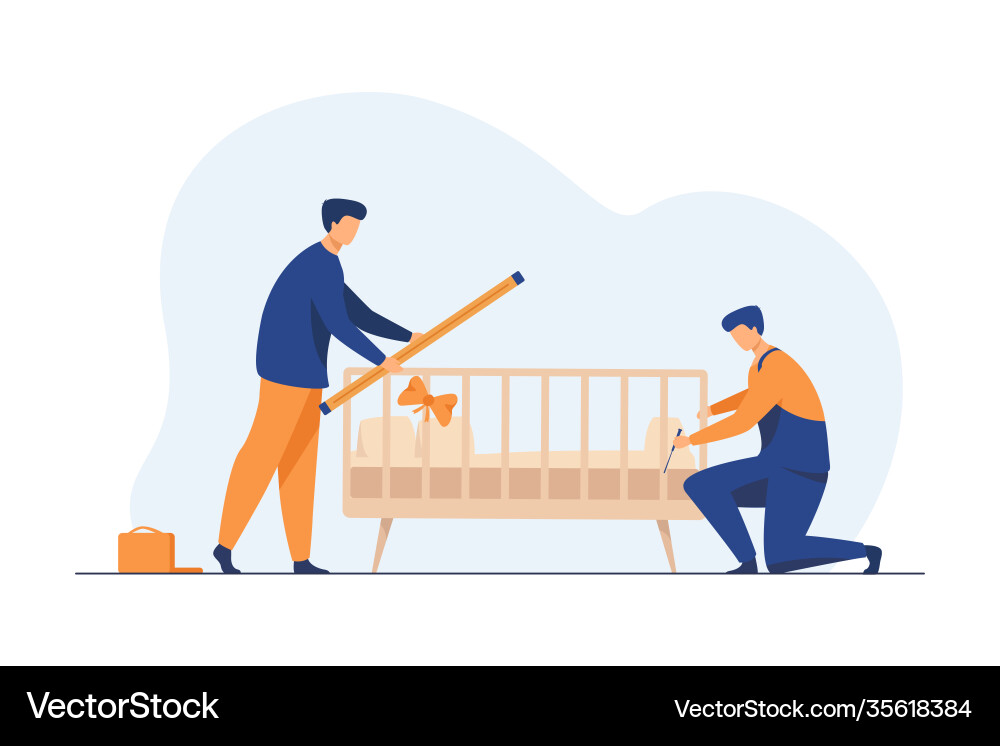Handymen installing child cot in room Royalty Free Vector
