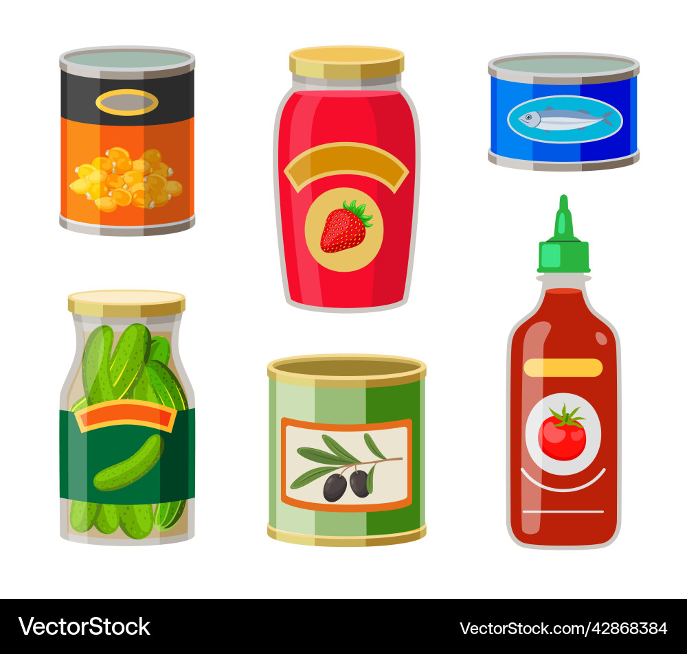 Various tinned food cartoon set Royalty Free Vector Image