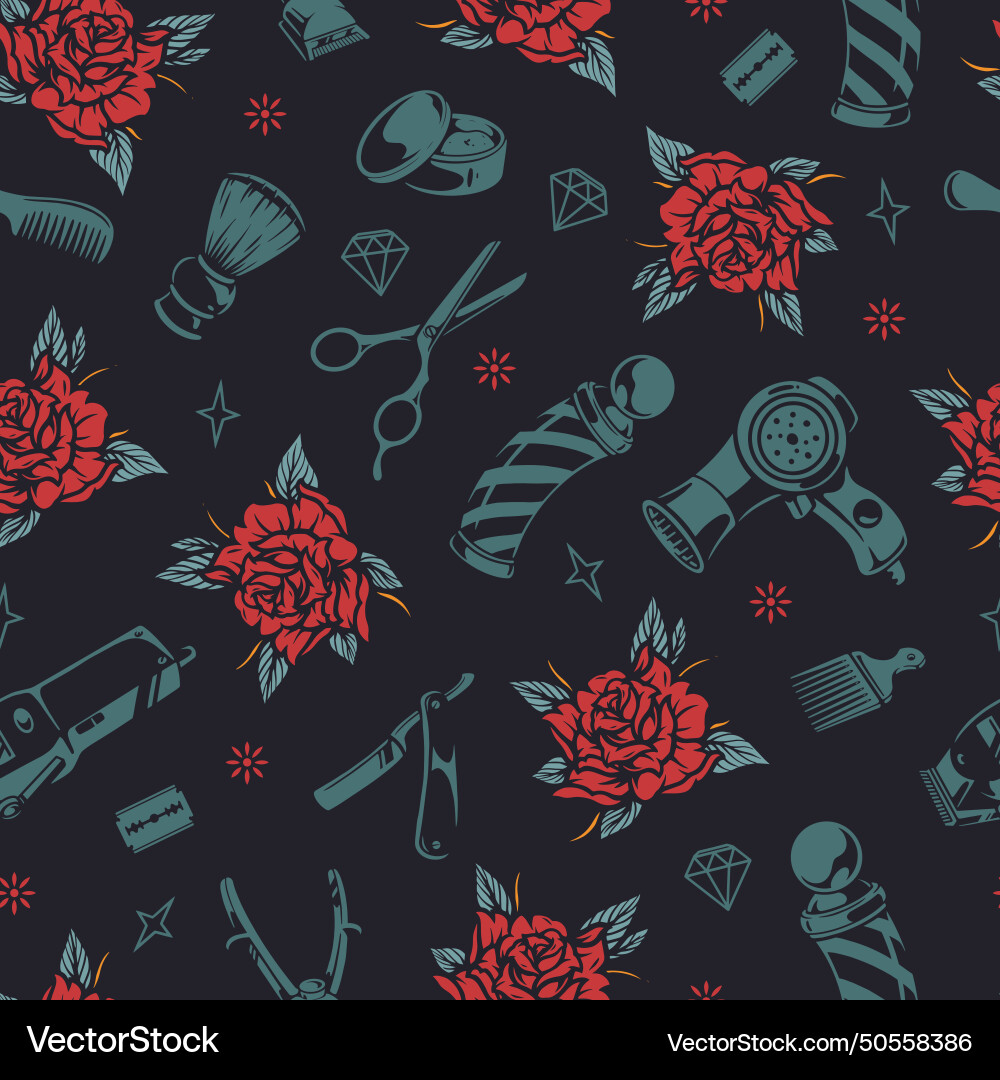 Barber Seamless Pattern - Tools & Flowers Vector Image