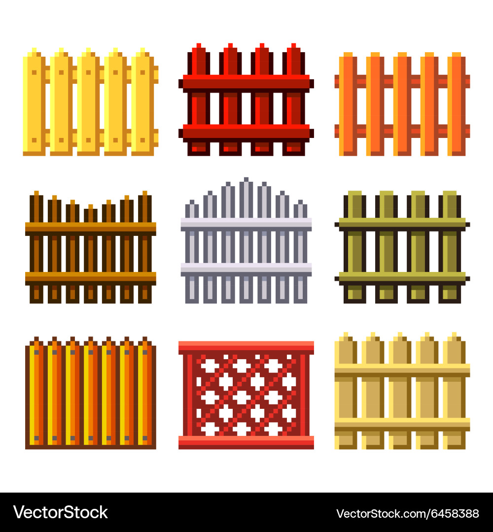 Pixel fences for games icons set Royalty Free Vector Image