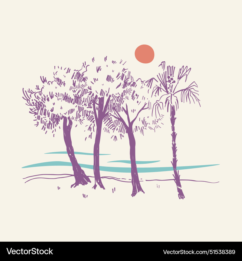 Panoramic view of beech trees and calm sea Vector Image