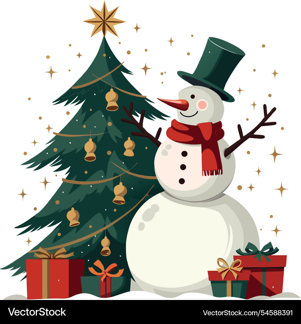 A snowman with christmas tree and gift box Vector Image