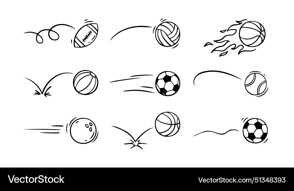 Doodle sport ball trajectory bounce collection Vector Image