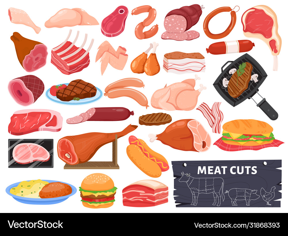 Meat set cartoon flat raw Royalty Free Vector Image