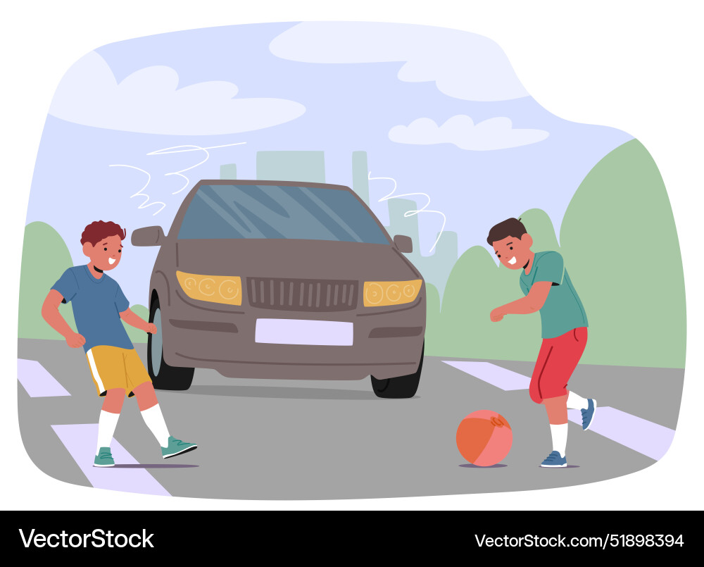 Children playing with a ball near road while Vector Image