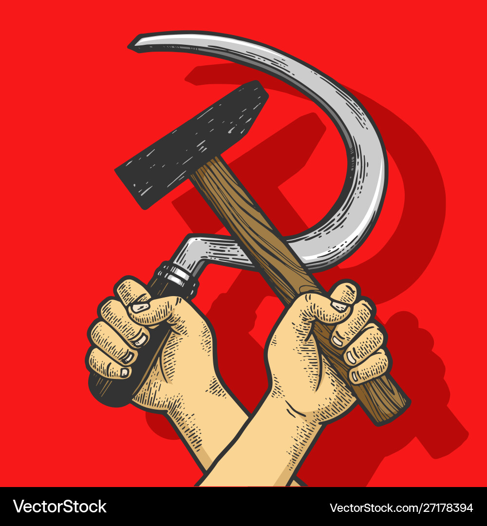 Hands with hammer and sickle sketch engraving Vector Image