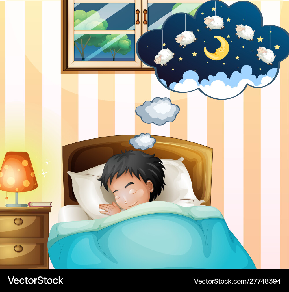 Kid sleeping in bed dreaming Royalty Free Vector Image