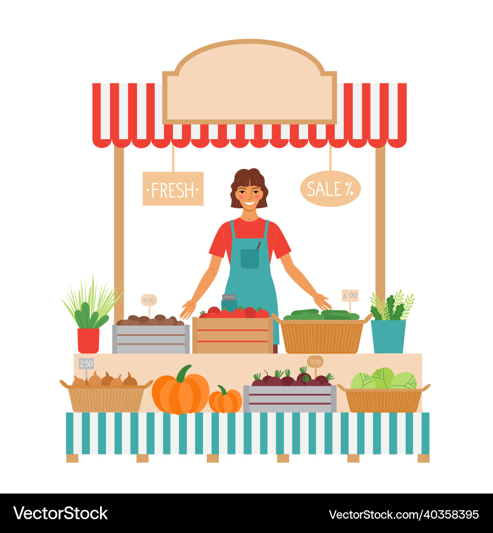Seller stands behind a vegetable counter Vector Image