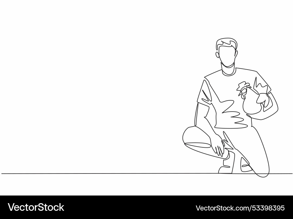 Single continuous line drawing male farmer squats Vector Image