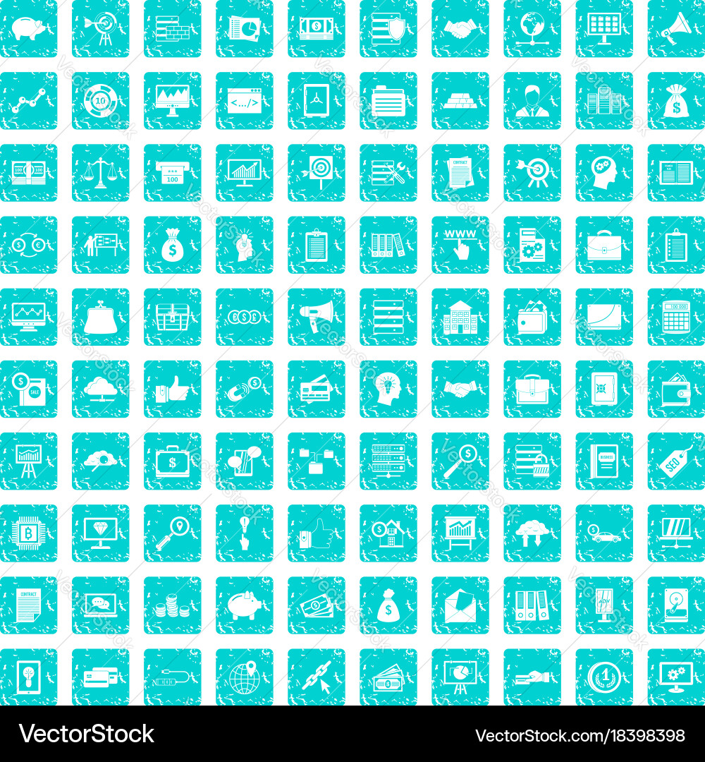 100 business process icons set grunge blue Vector Image