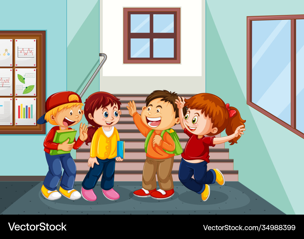Happy children at school hallway Royalty Free Vector Image