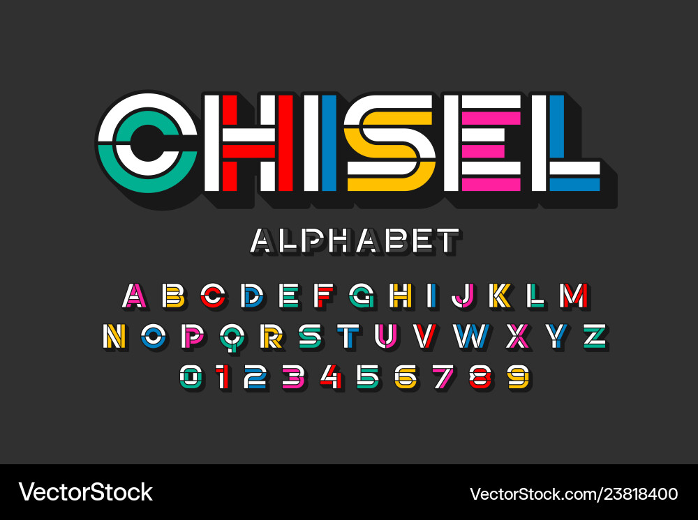 Colorful chisel font design alphabet letters Vector Image