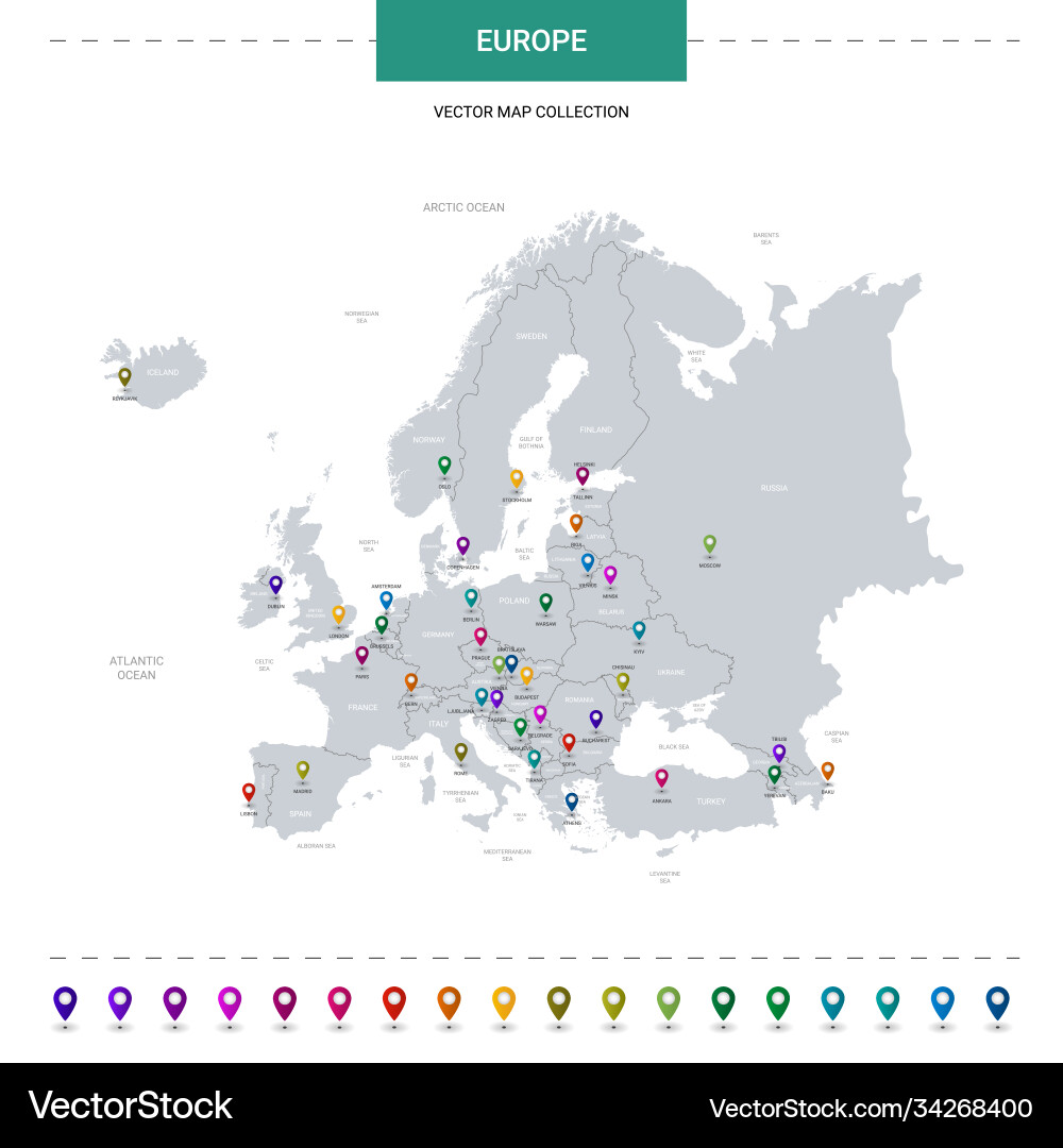 Europe map with location pointer marks Royalty Free Vector