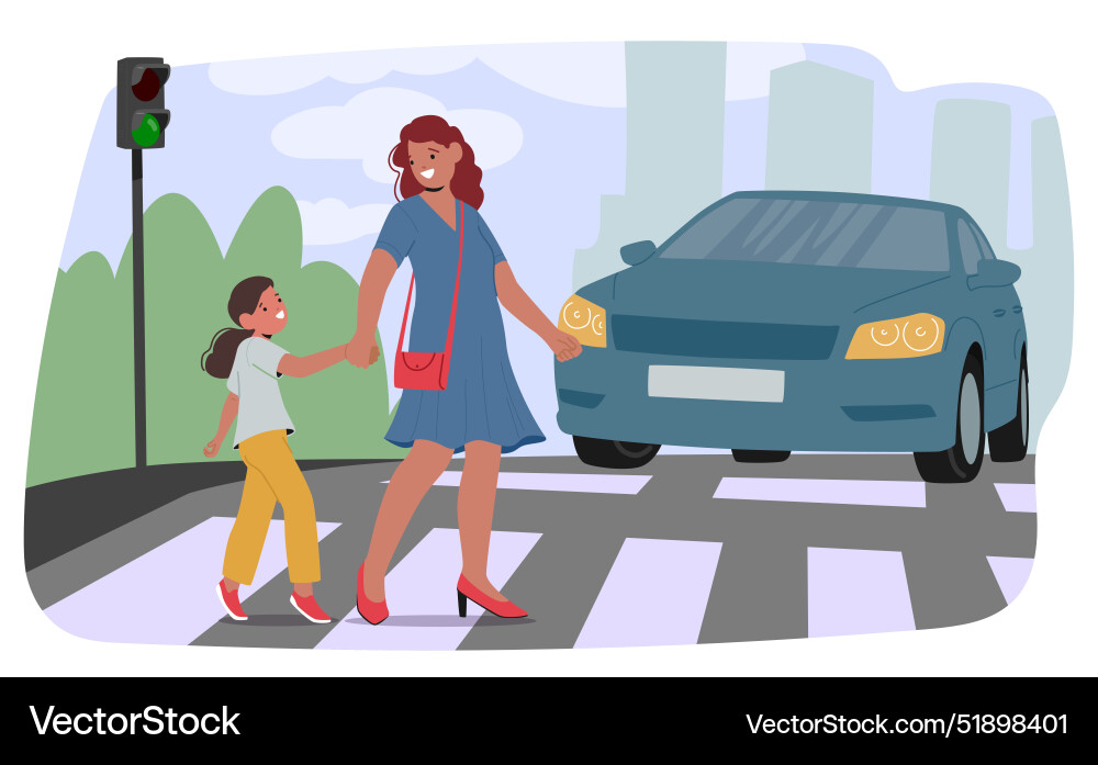 Mother and daughter holding hands while safely Vector Image