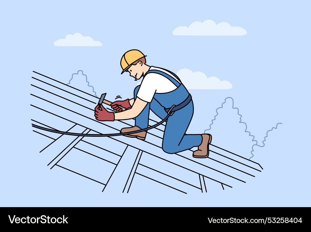 Man builder installs shingles on roof of house Vector Image Man builder installs shingles on roof of house Vector Image
