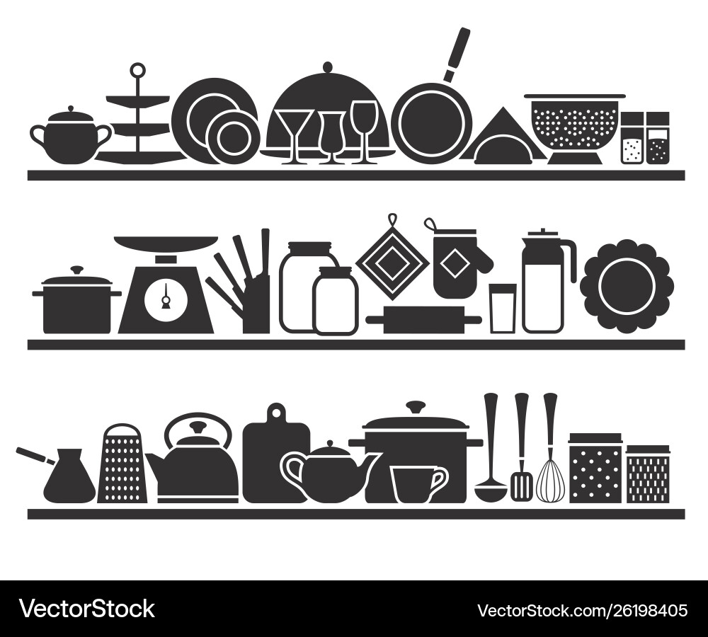 Kitchen shelves with utensils for cooking Vector Image