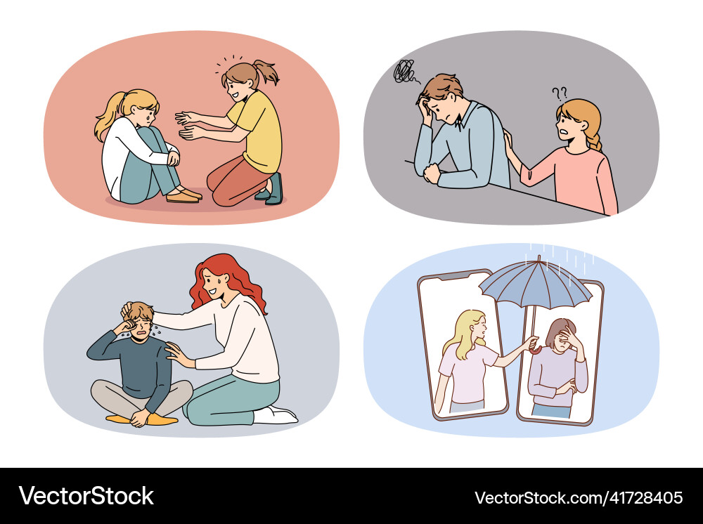 Set of crying people get help and support Vector Image