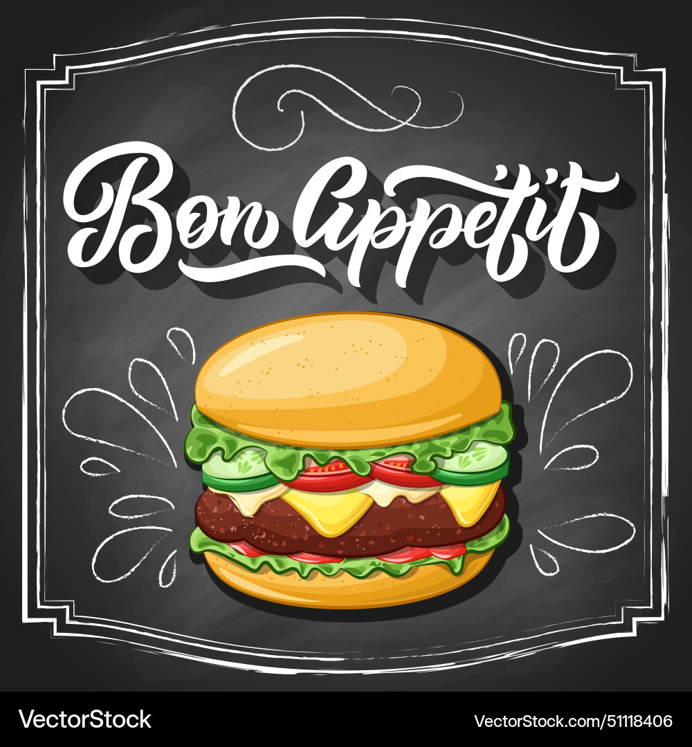 Bon appetit hand lettering with burger colorful Vector Image
