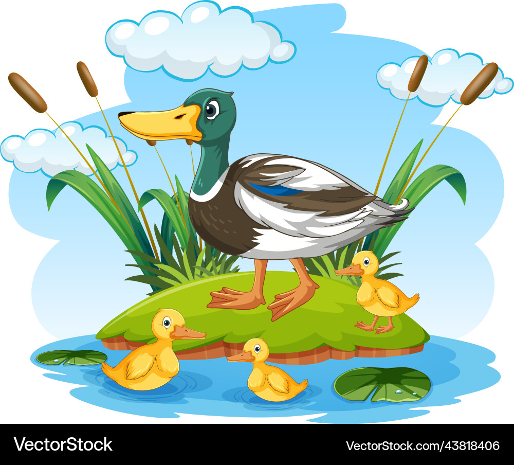 Cartoon wild duck with duckling Royalty Free Vector Image