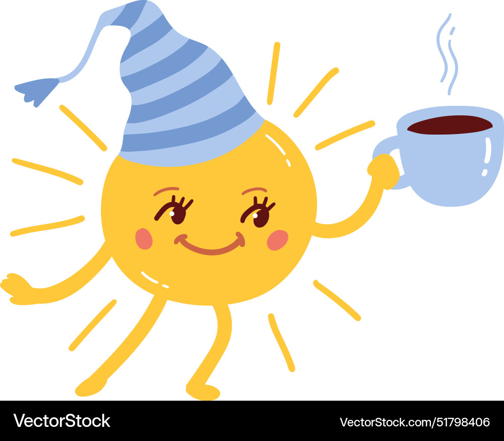 Cute sun character with cup of coffee Royalty Free Vector