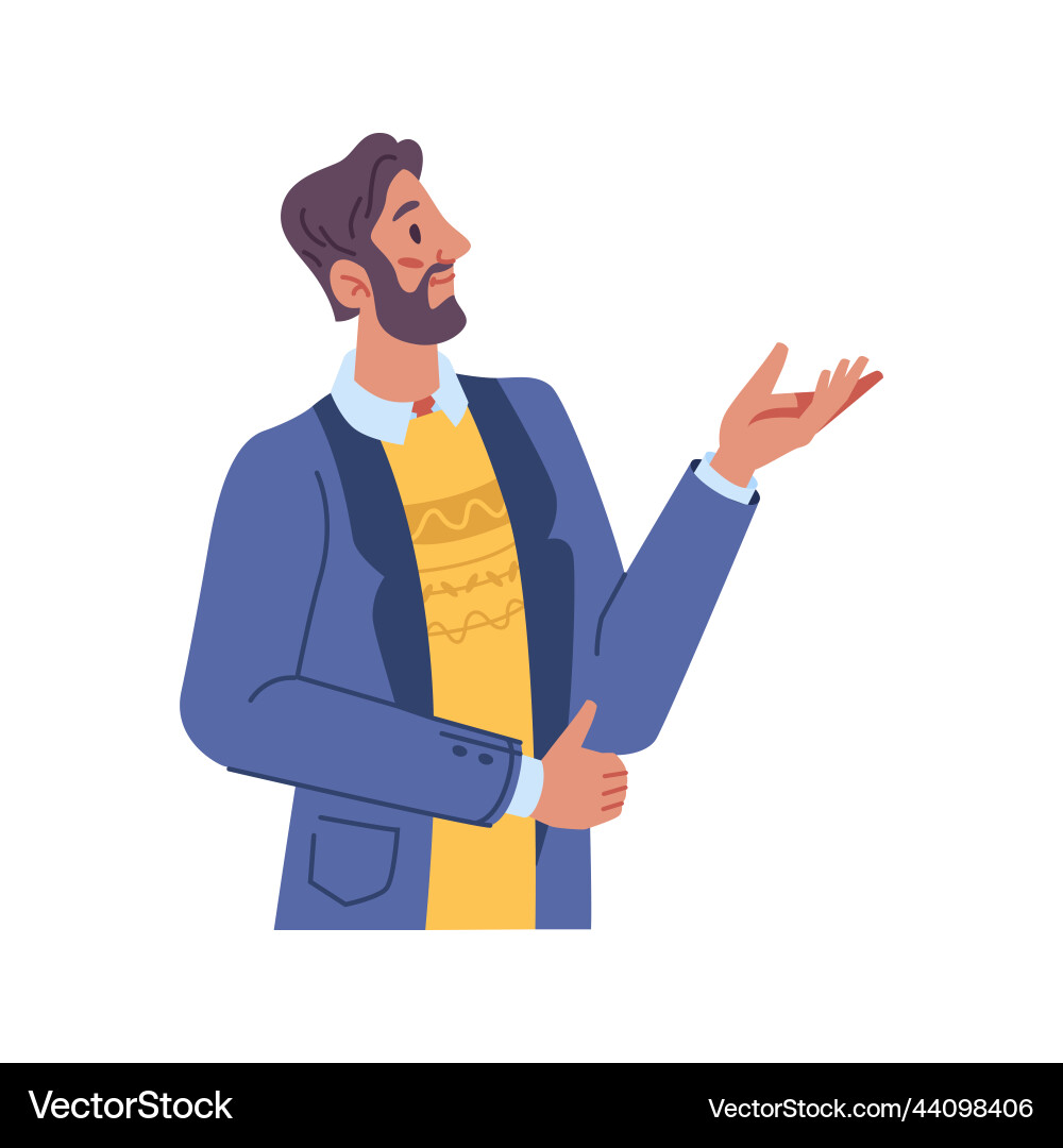 Presenter male character showing aside Royalty Free Vector