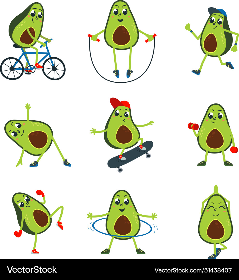 Avocado doing training cute avocados with sport Vector Image