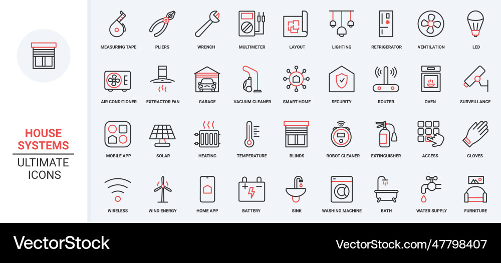 Smart home systems trendy red black thin line Vector Image