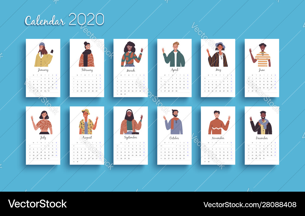 2020 year calendar planner template diverse people