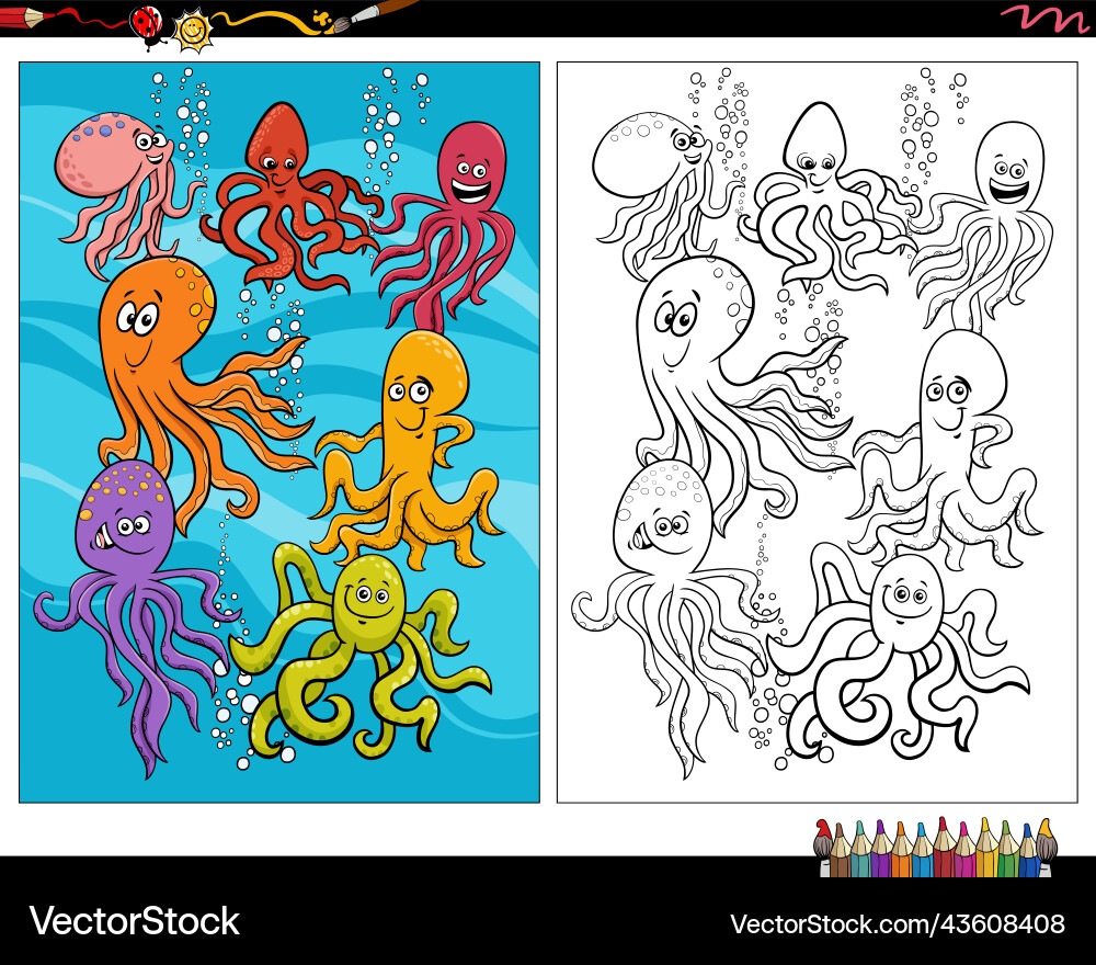 Cartoon octopus animal characters coloring page Vector Image