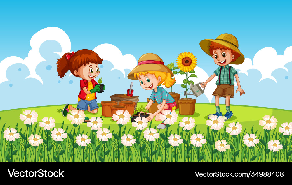 Children at ourdoor nature background Royalty Free Vector