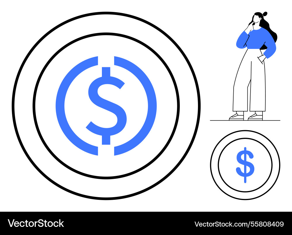 Contemplative woman analyzing currency symbol Vector Image