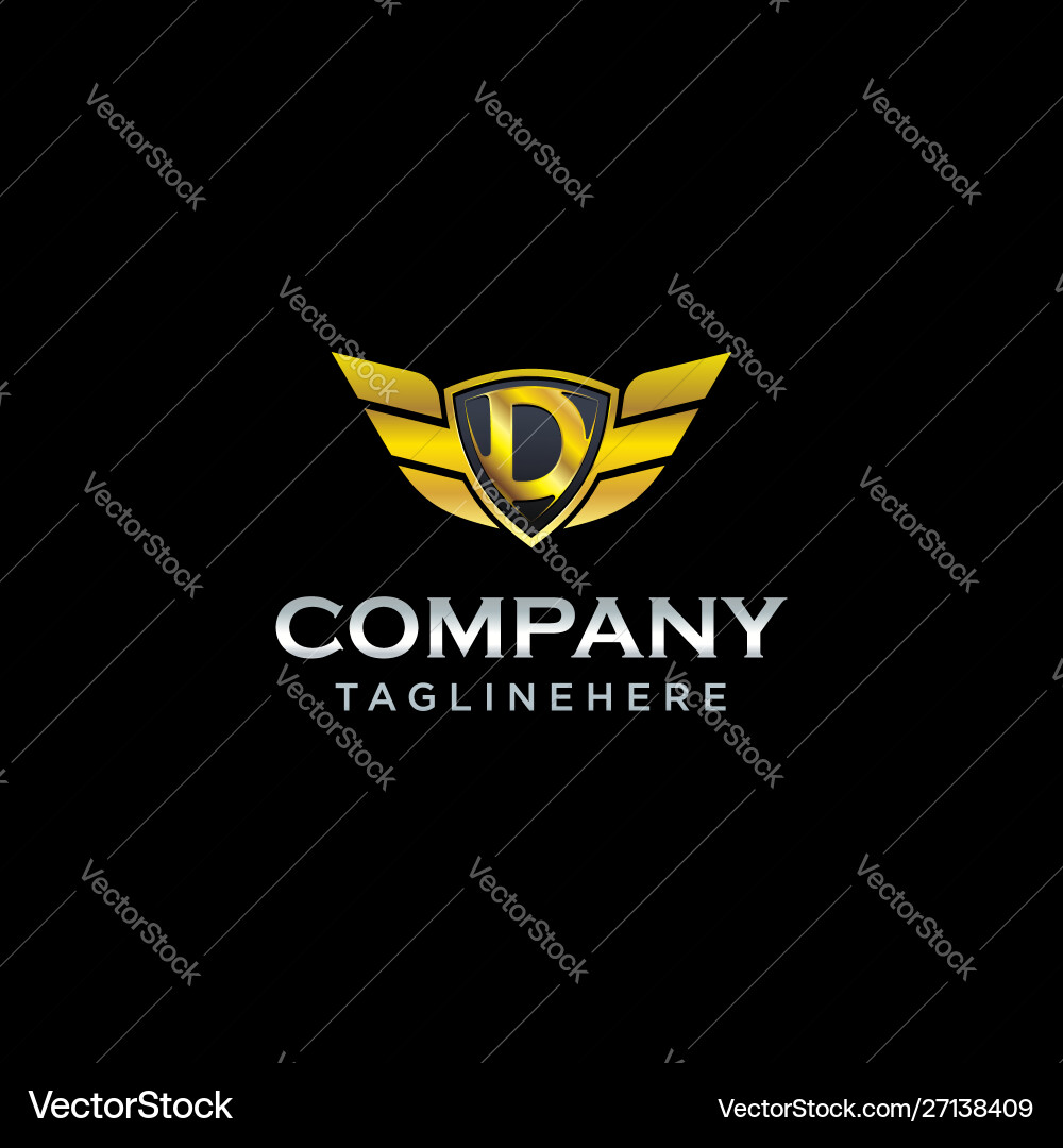 Letter d shield with wings gold color logo design Vector Image