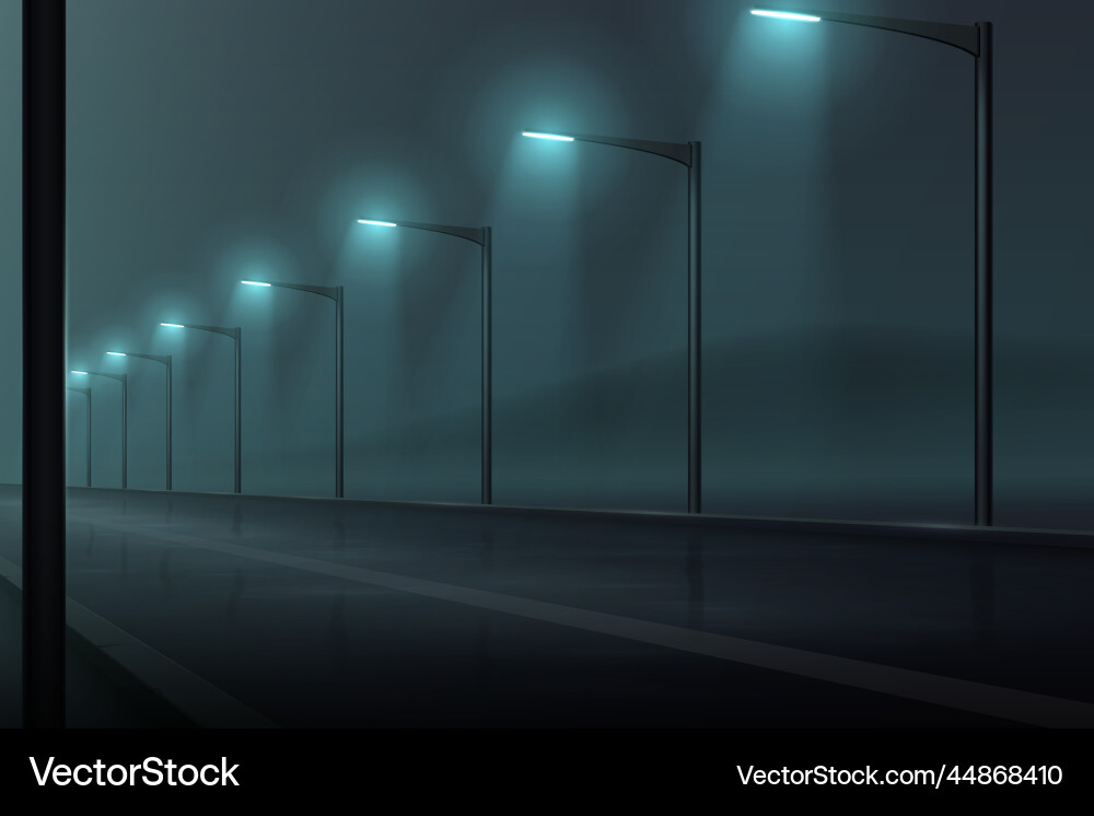 Road with lanterns and fog Royalty Free Vector Image