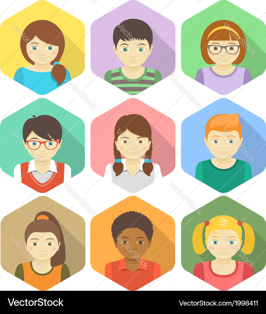 Kids avatars in hexagons Royalty Free Vector Image