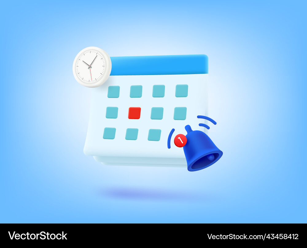Agenda concept with calendar bell and clock 3d Vector Image