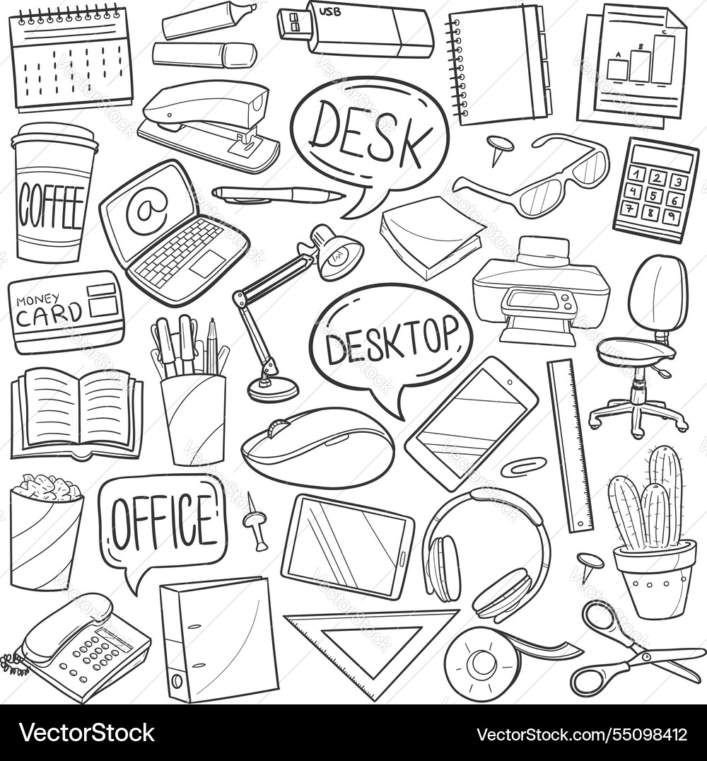 Desk doodle icons line art Royalty Free Vector Image