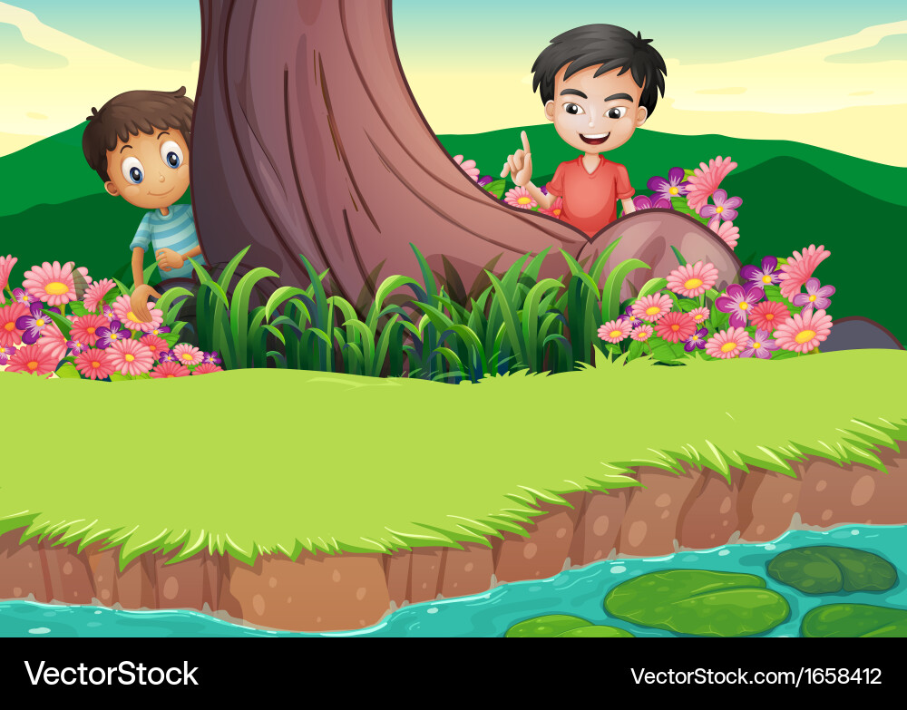 Two boys hiding at the tree Royalty Free Vector Image