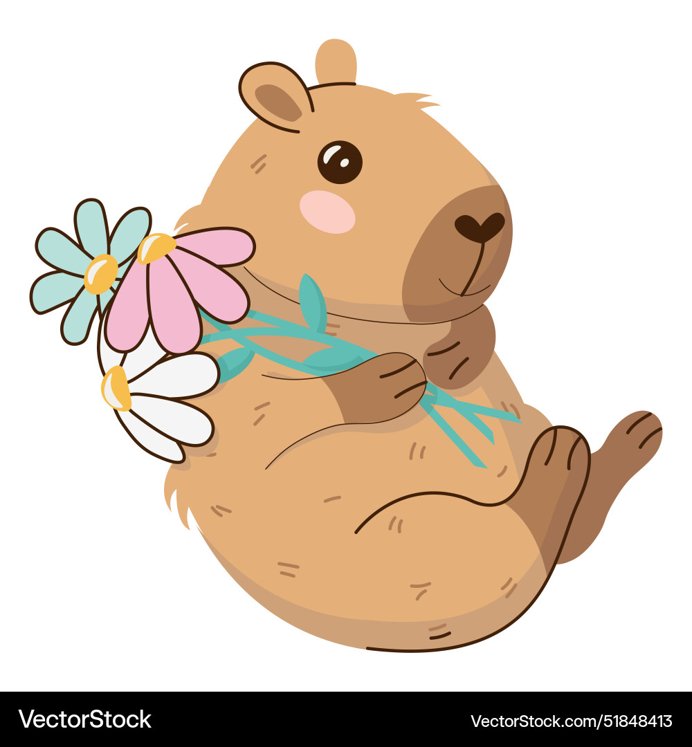 A cute and cuddly capybara character with flowers Vector Image