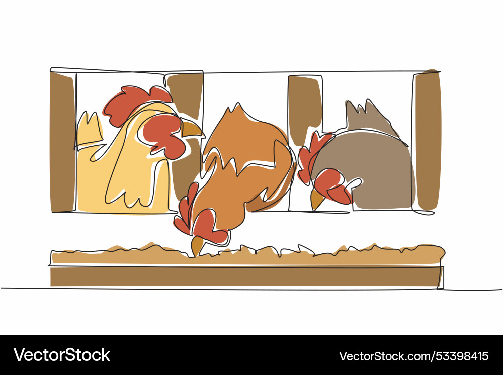 Single one line drawing three chickens Royalty Free Vector
