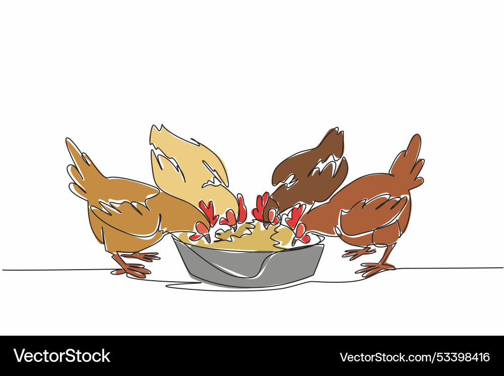 Continuous one line drawing four chickens eating Vector Image